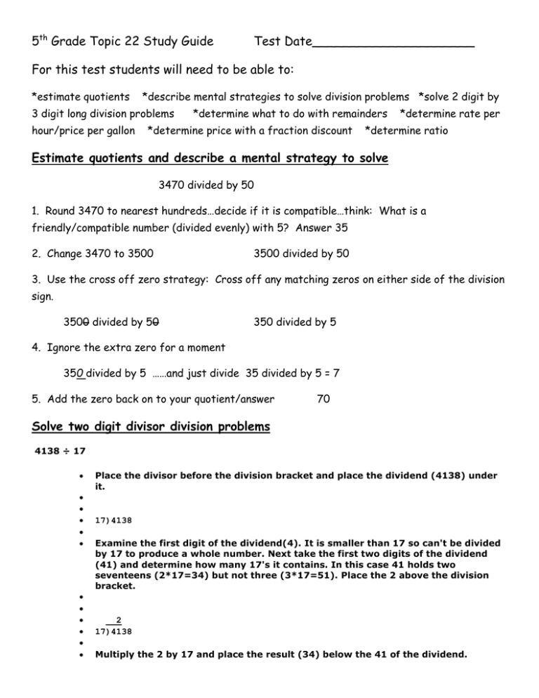 5 Th Grade Topic 22 Study Guide Test Date