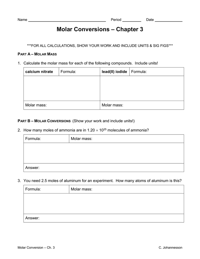Molar Conversions Worksheet Molar Conversions Worksheet