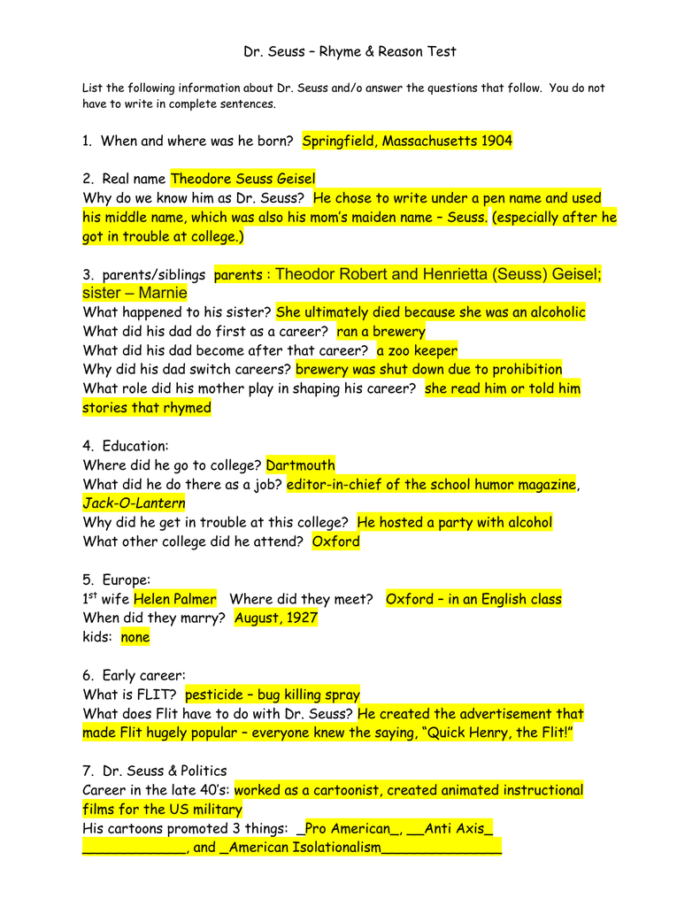 The Lorax Worksheet Science