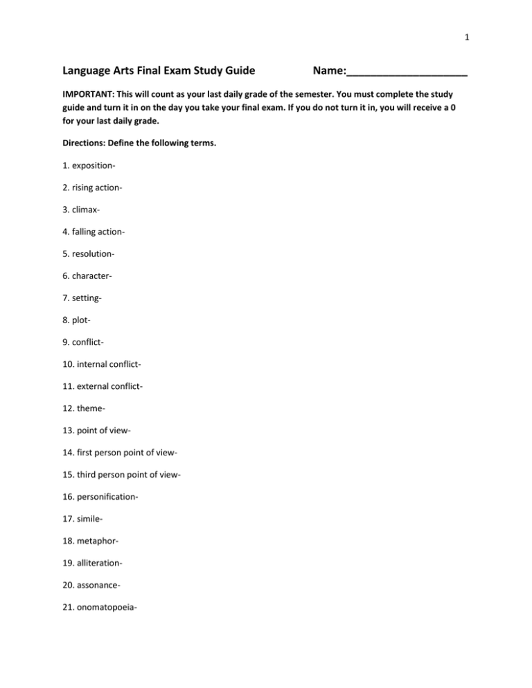 Language Arts Final Exam Study Guide Name Language Arts Final Exam Study Guide Name