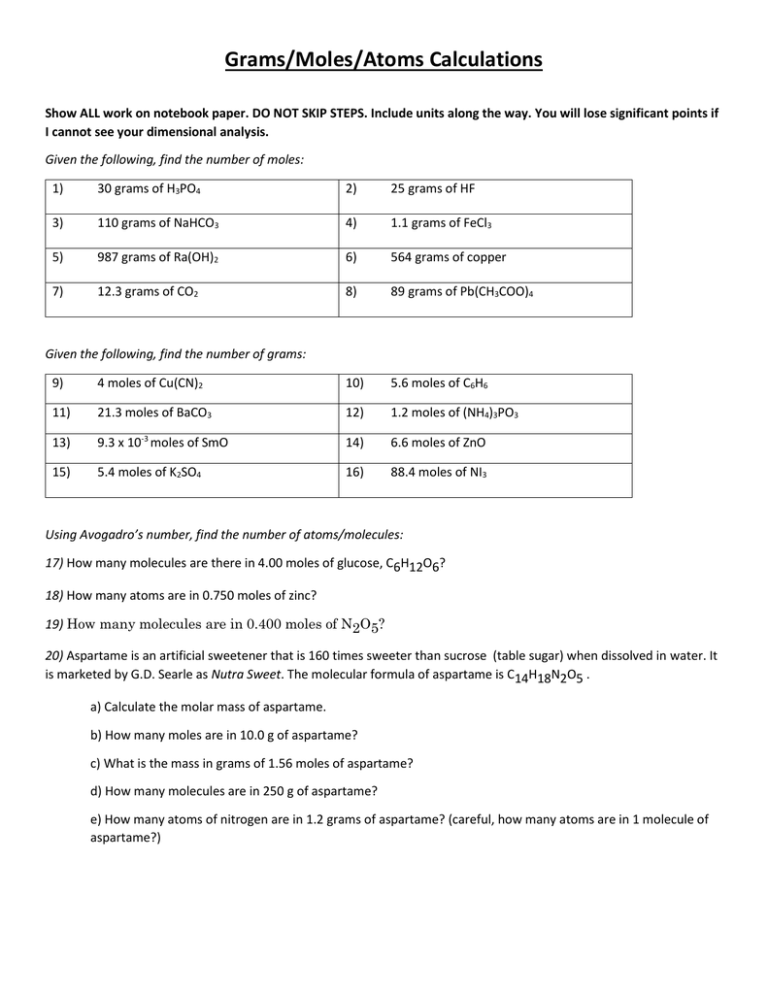 Grams Moles Atoms Calculation Worksheet Extra