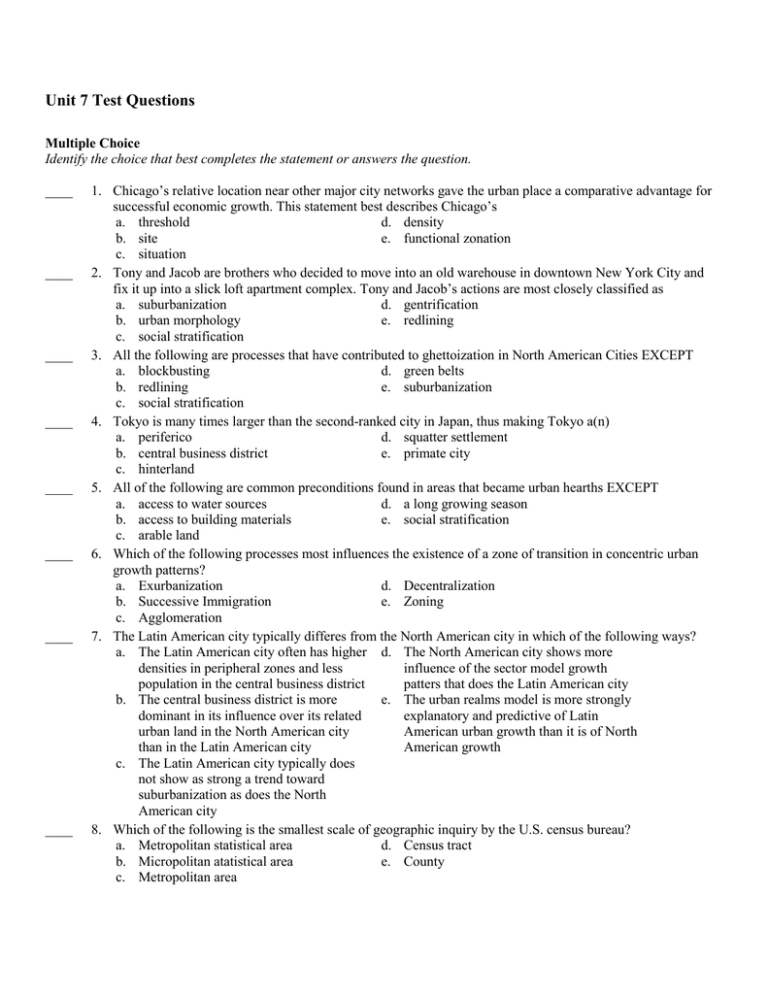 Unit 7 Test Questions Unit 7 Test Questions