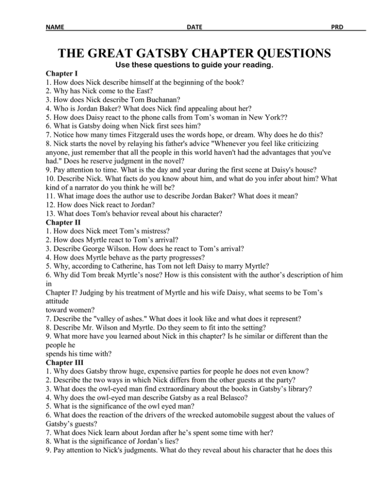 THE GREAT GATSBY CHAPTER QUESTIONS 1 9