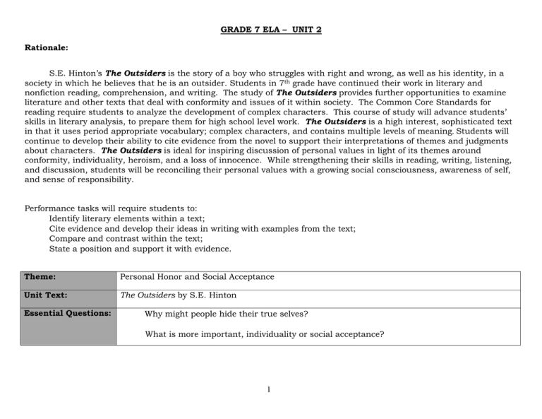 Grade 7 ELA Unit 2 The Outsiders