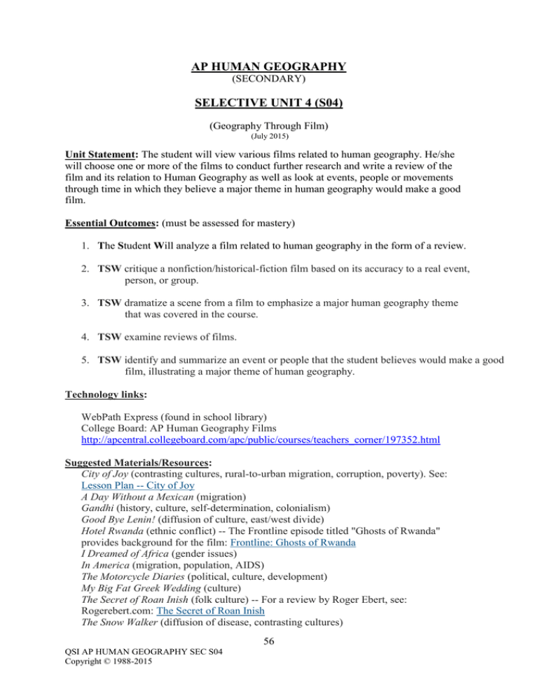 AP Human Geography: Geography Through Film Unit Plan