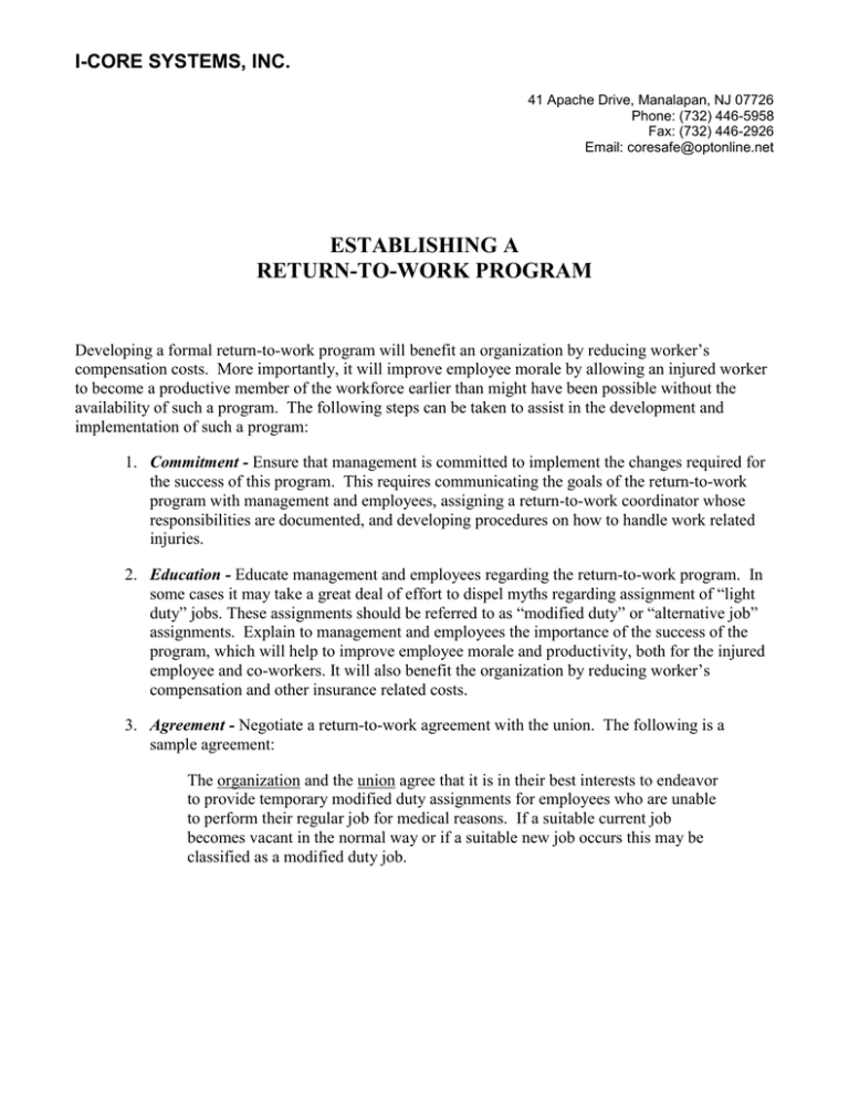 Sample Return To Work Guidelines