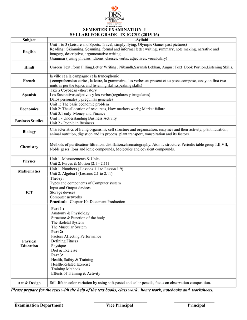 Ix Igcse Se 1 Syllabus DRS International School