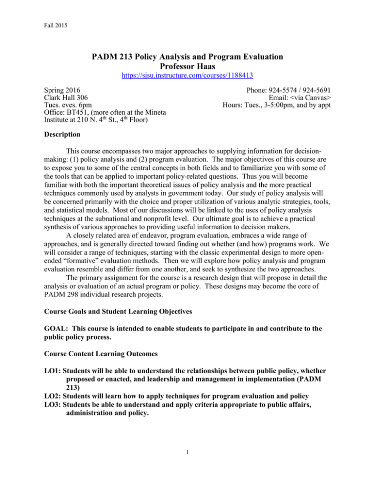 PA 213 Policy Analysis And Program Evaluation
