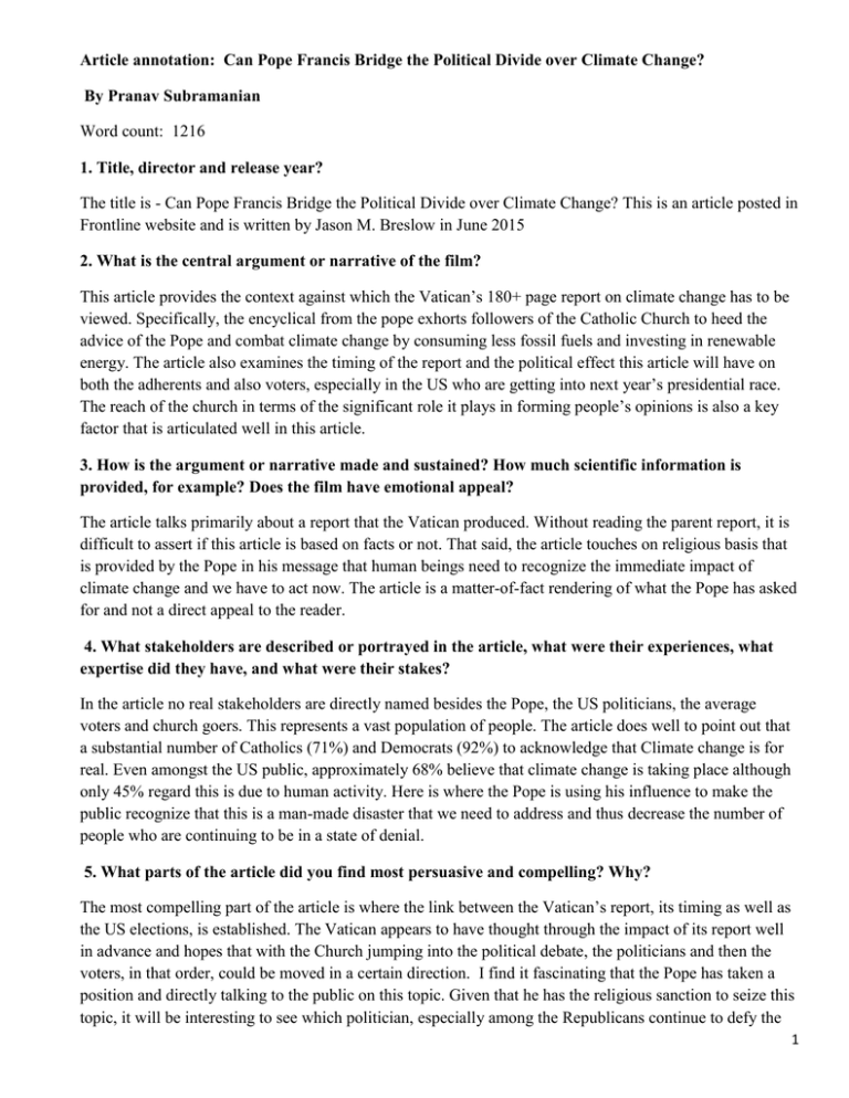 Pope On Climate Change Annotation