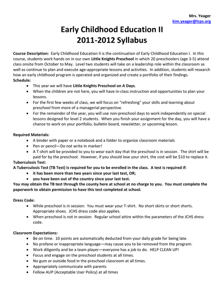 Early Childhood Education II 2011 2012 Syllabus Early Childhood Education II 2011 2012 Syllabus