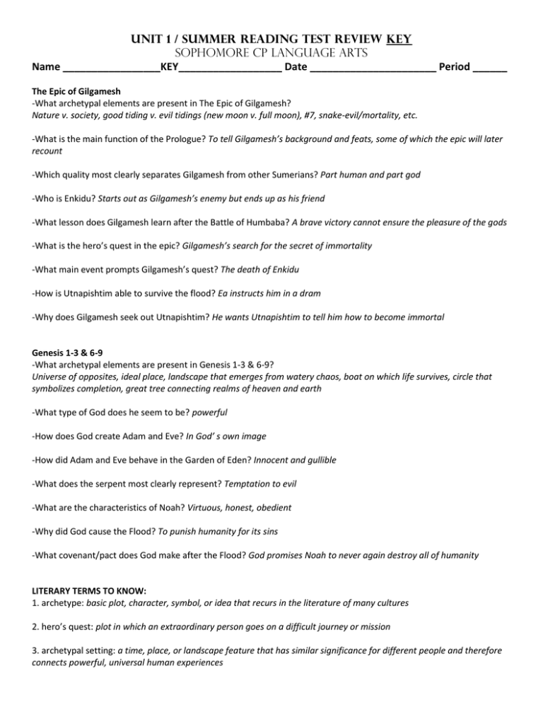 Unit 1 Summer Reading Test REVIEW KEY Unit 1 Summer Reading Test REVIEW KEY