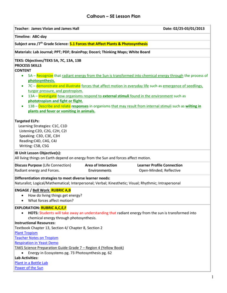 5E Student Lesson Planning Template