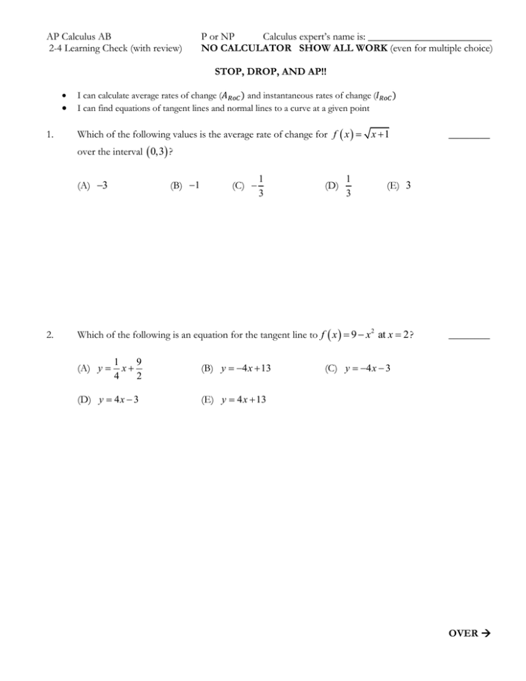 2 4 Rates Of Change And Tangent Lines Quick Check