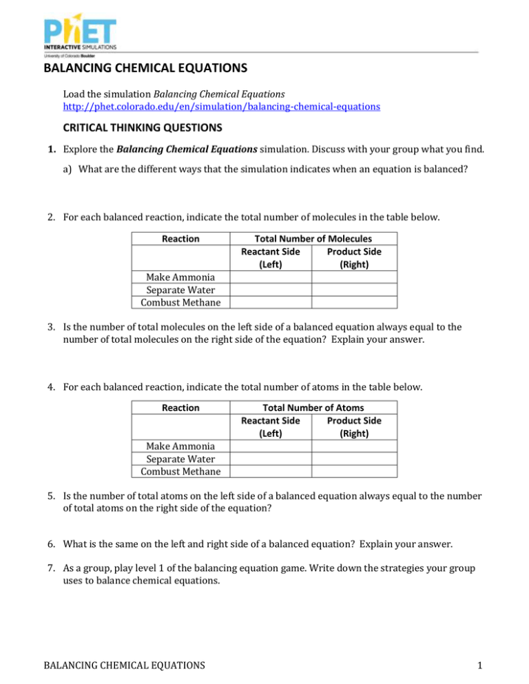 Balancing Equations Worksheet