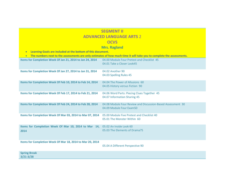 SEGMENT II ADVANCED LANGUAGE ARTS 2 OCVS Mrs Ragland