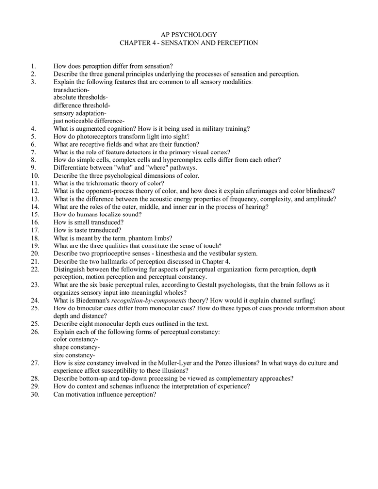 AP PSYCHOLOGY CHAPTER 4 SENSATION AND PERCEPTION AP PSYCHOLOGY CHAPTER 4 SENSATION AND PERCEPTION
