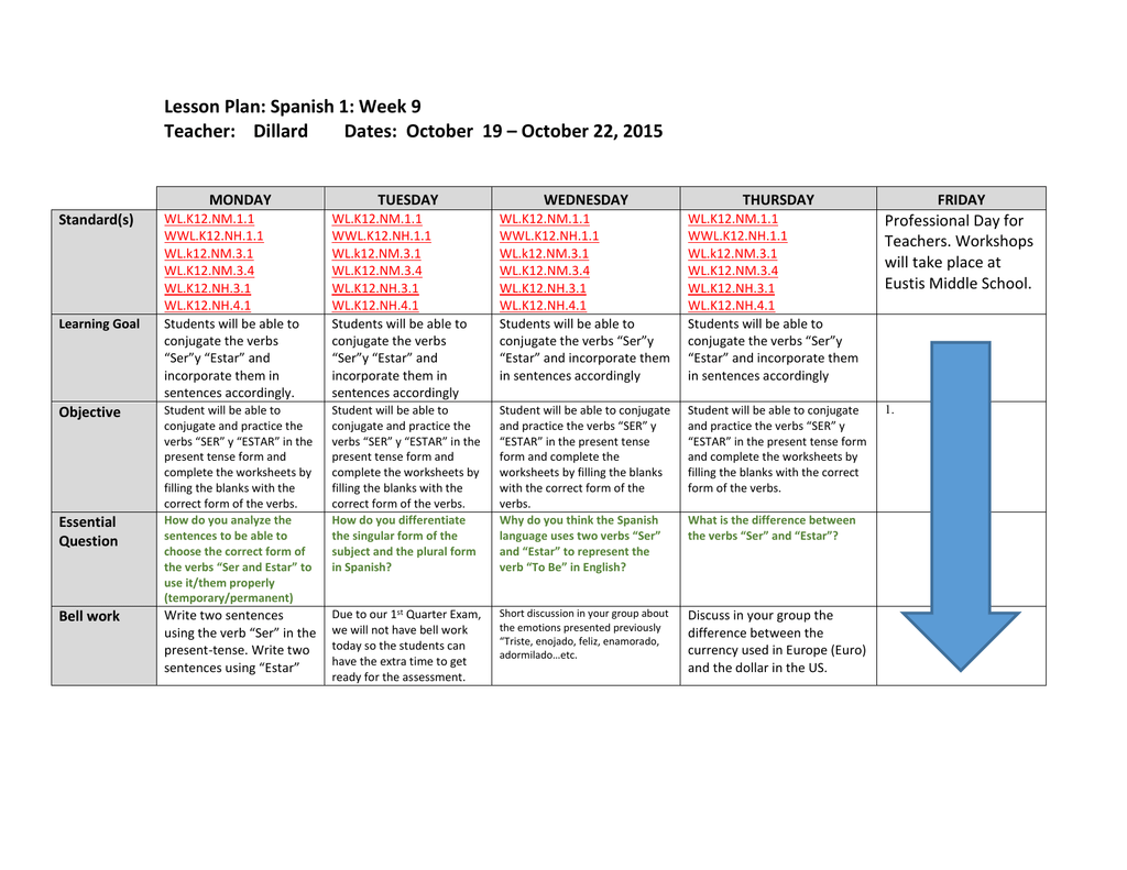 Lesson Plan Spanish 1 Week 9 Teacher