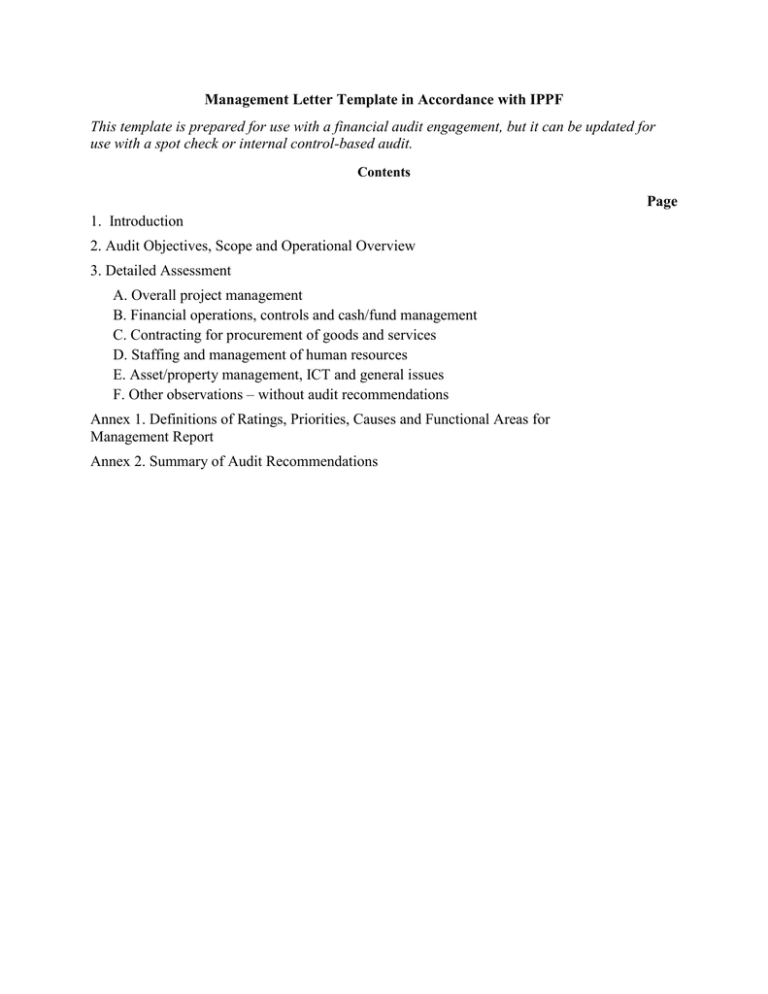 Management Letter Template: IPPF Audit Compliance