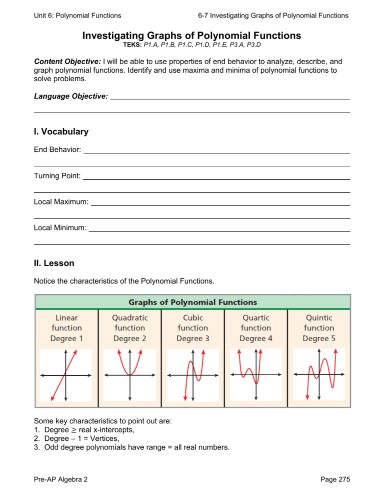 Investigating Graphs of Polynomial Functions Investigating Graphs of Polynomial Functions