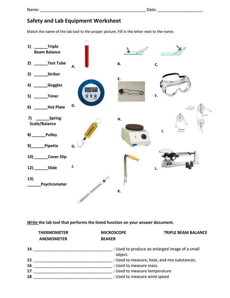 Safety And Lab Equipment Worksheet Safety And Lab Equipment Worksheet