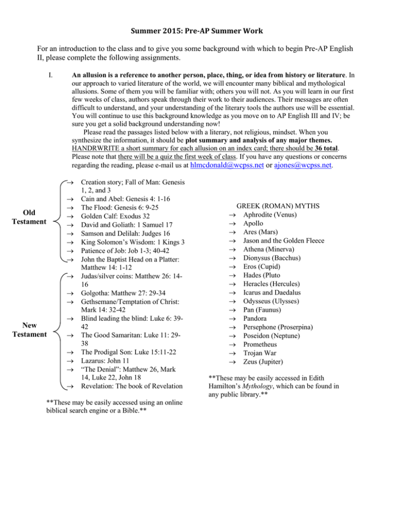 Pre AP English 2 Summer 2015 Work Pre AP English 2 Summer 2015 Work
