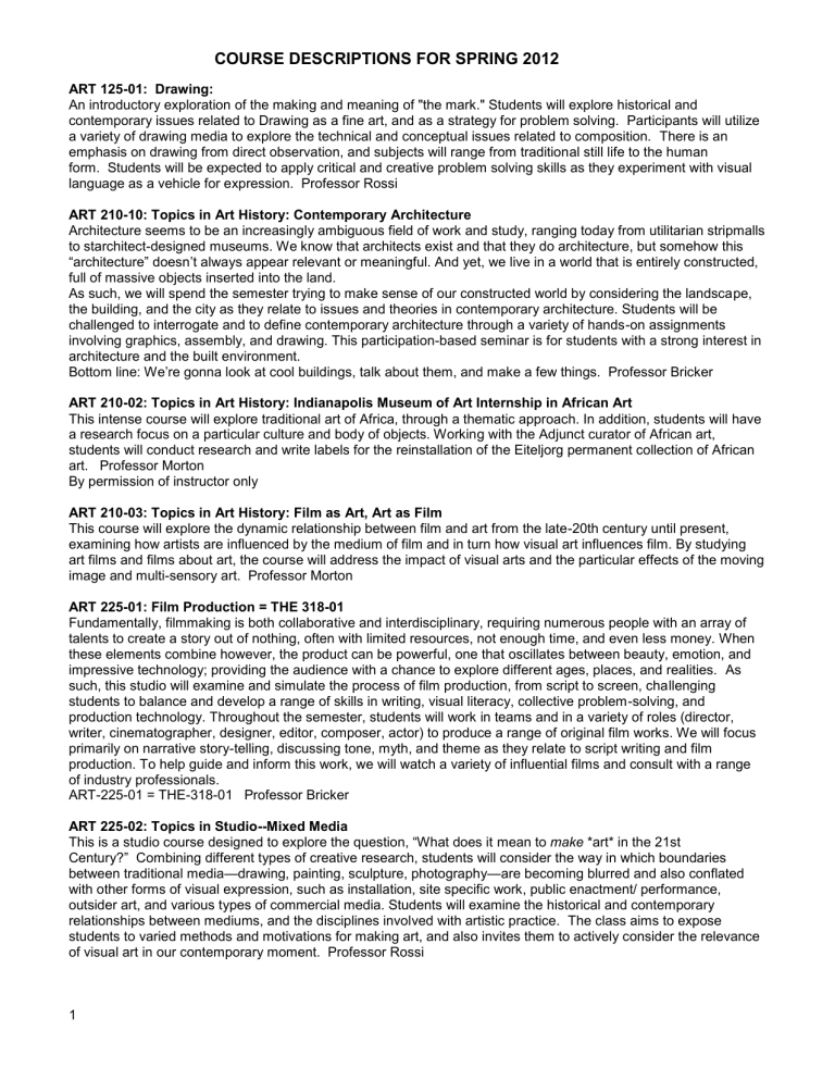 COURSE DESCRIPTIONS FOR SPRING 2012 ART 125
