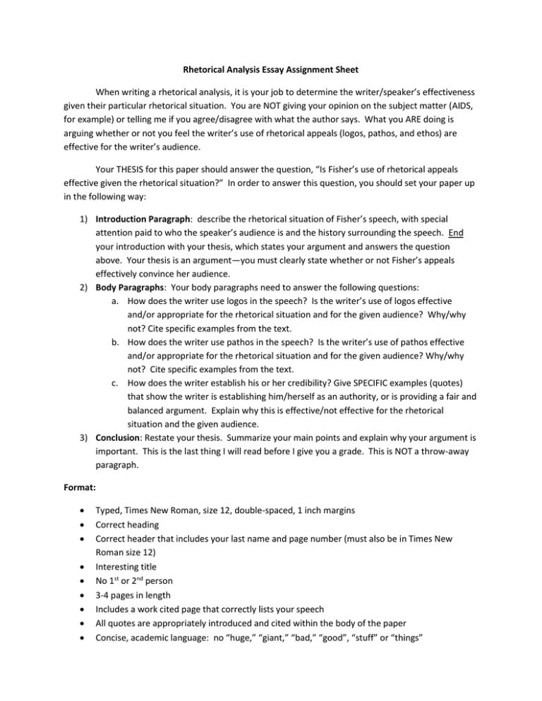 Rhetorical Analysis Essay Assignment Sheet