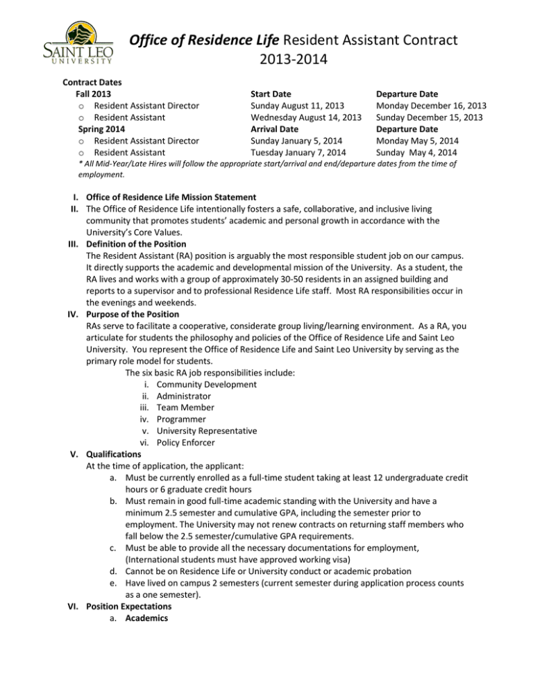 Office of Residence Life Resident Assistant Contract