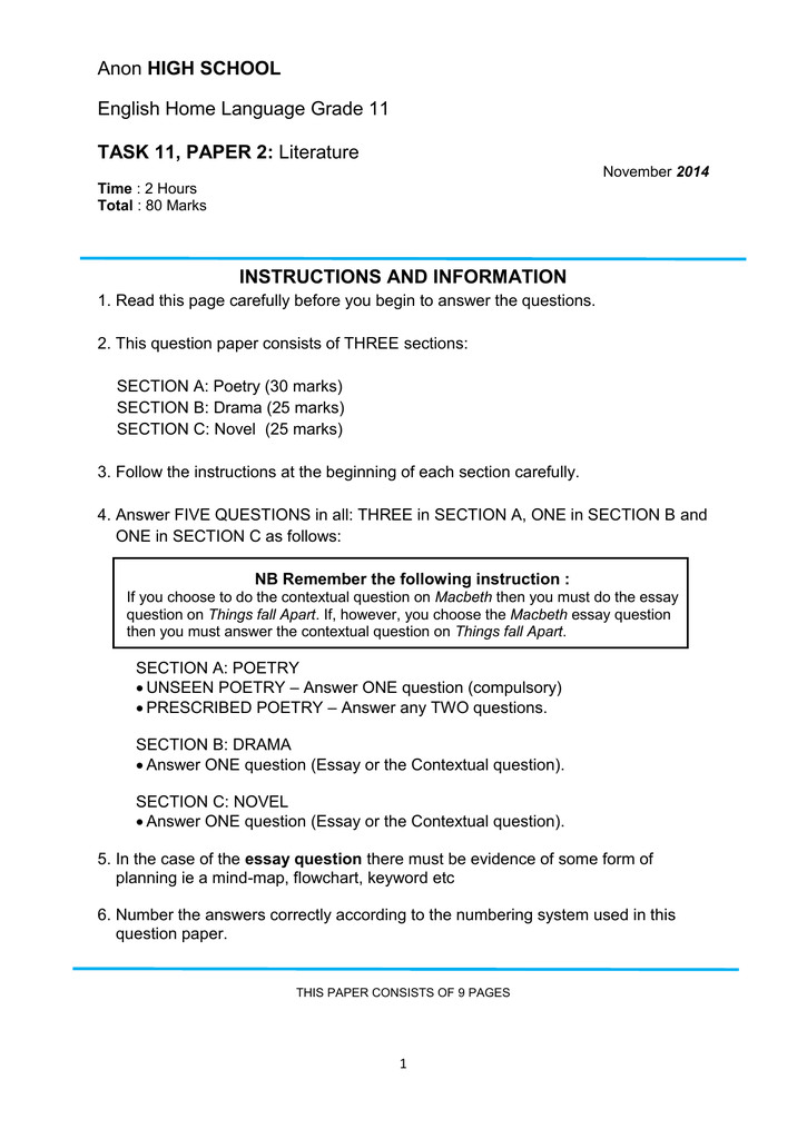 Grade 11 English HL November 2014 P2