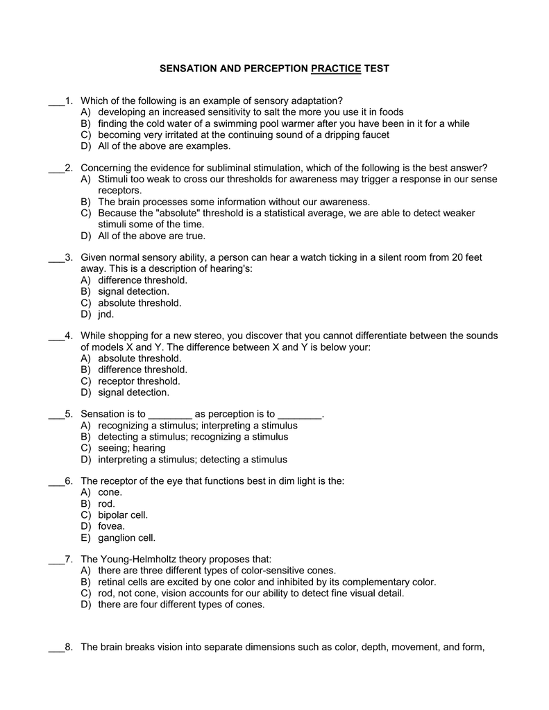 Sensation And Perception Practice Test 1