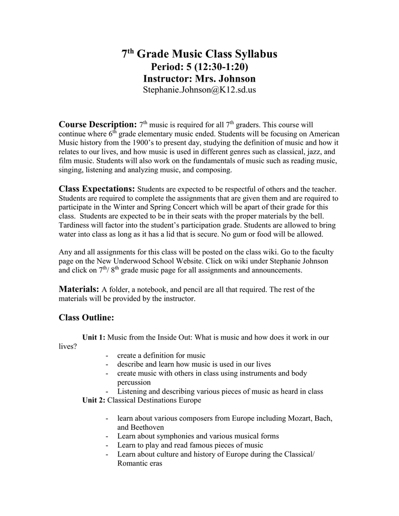 7th 8th Grade Music Class Syllabus