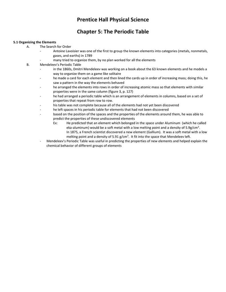 Prentice Hall Physical Science Chapter 5 The Periodic Table