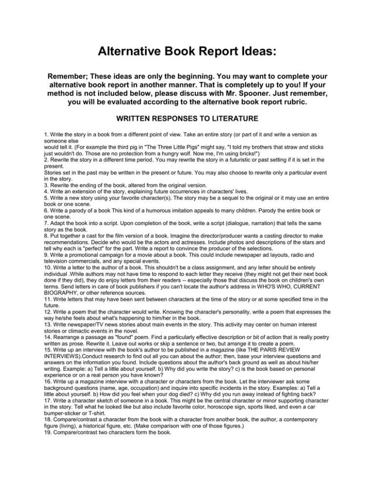 Alternative Book Report Ideas Alternative Book Report Ideas