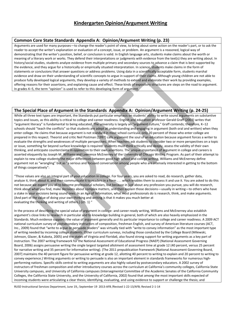KINDERGARTEN OPINION AND ARGUMENT WRITING