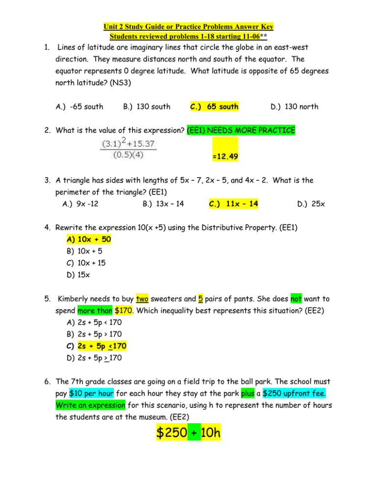 Unit 1 Test Study Guide Equations And Inequalities Answers Tessshebaylo