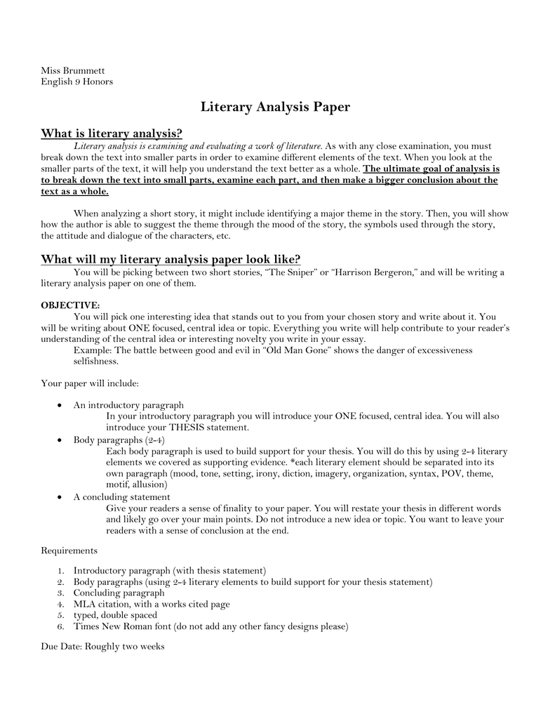 Literary Analysis Paper Outline Avon Community School Corporation