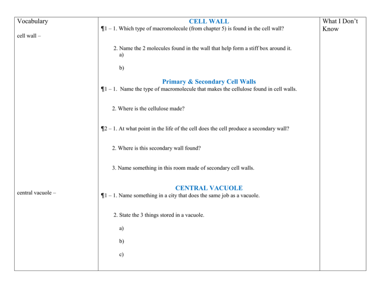 Primary Secondary Cell Walls