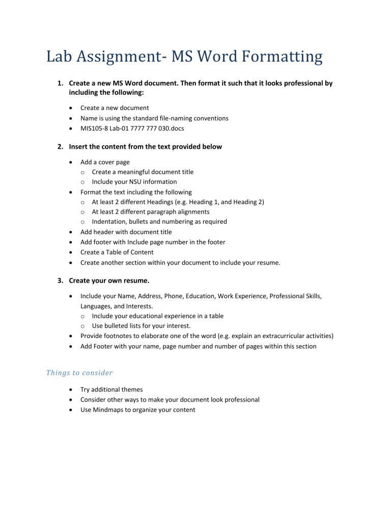 Lab Document Formatting