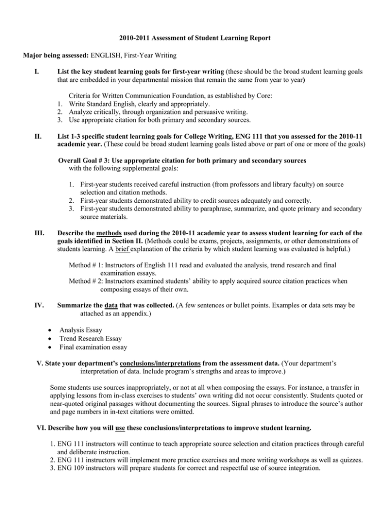 2010-2011 Assessment of Student Learning Report