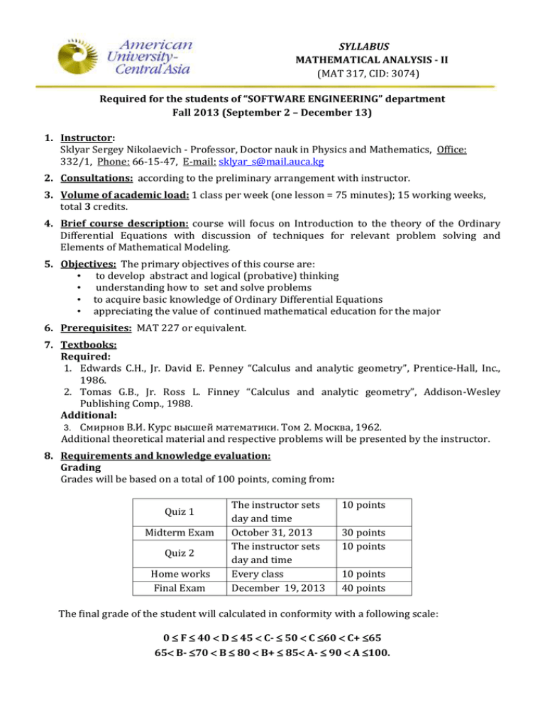 SYLLABUS MATHEMATICAL ANALYSIS SYLLABUS MATHEMATICAL ANALYSIS
