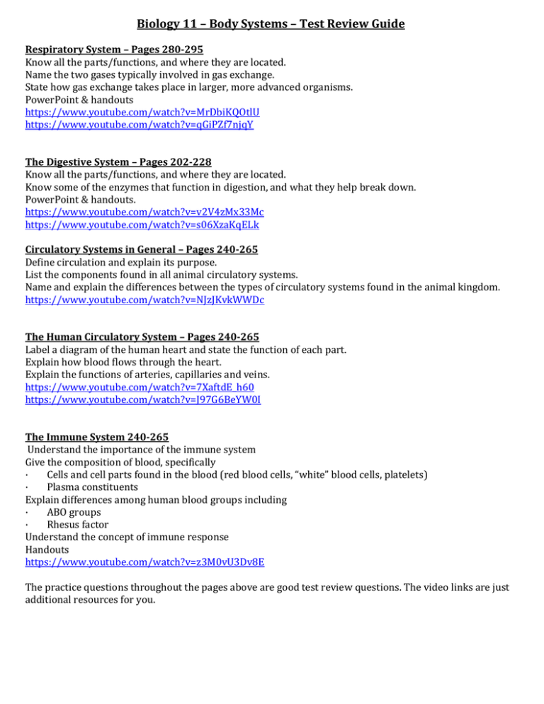 Biology 11 Body Systems Test Review Guide