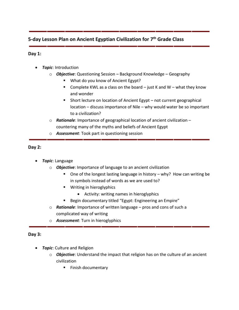 Lesson Plan Ancient Egypt