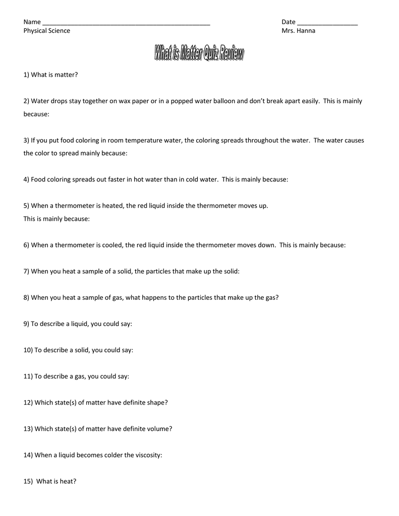 States Of Matter Quiz Review