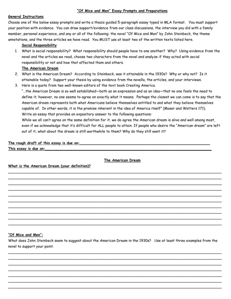 “Of Mice and Men” Essay Prompts and Preparations General