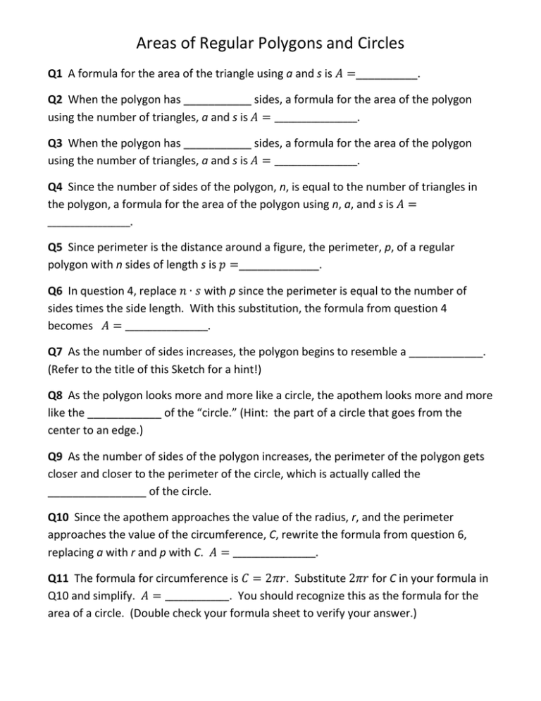 Areas Of Regular Polygons And Circles Answer Prompts