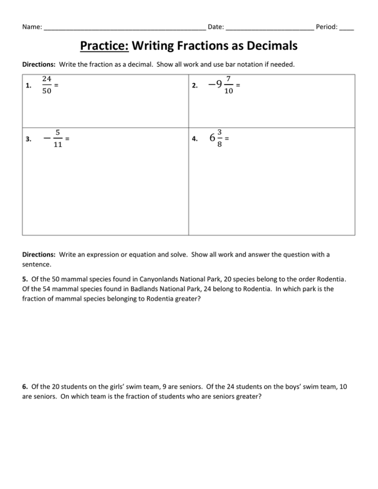 Practice Writing Fractions As Decimals