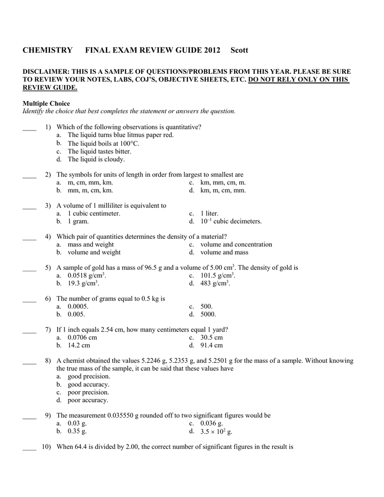 Unc Chem 101 Final Exam Practice