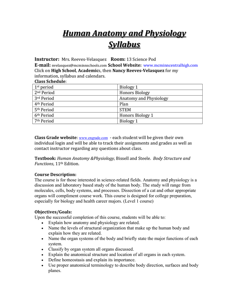 Human Anatomy And Physiology Syllabus Instructor