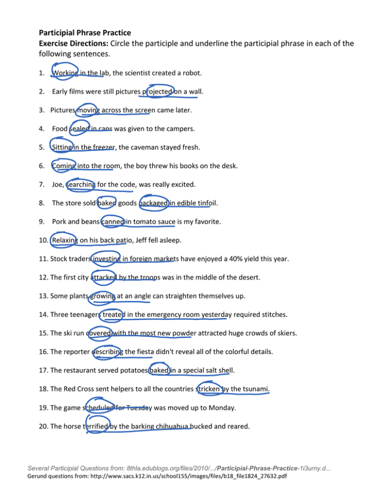Participial Phrase Practice Participial Phrase Practice
