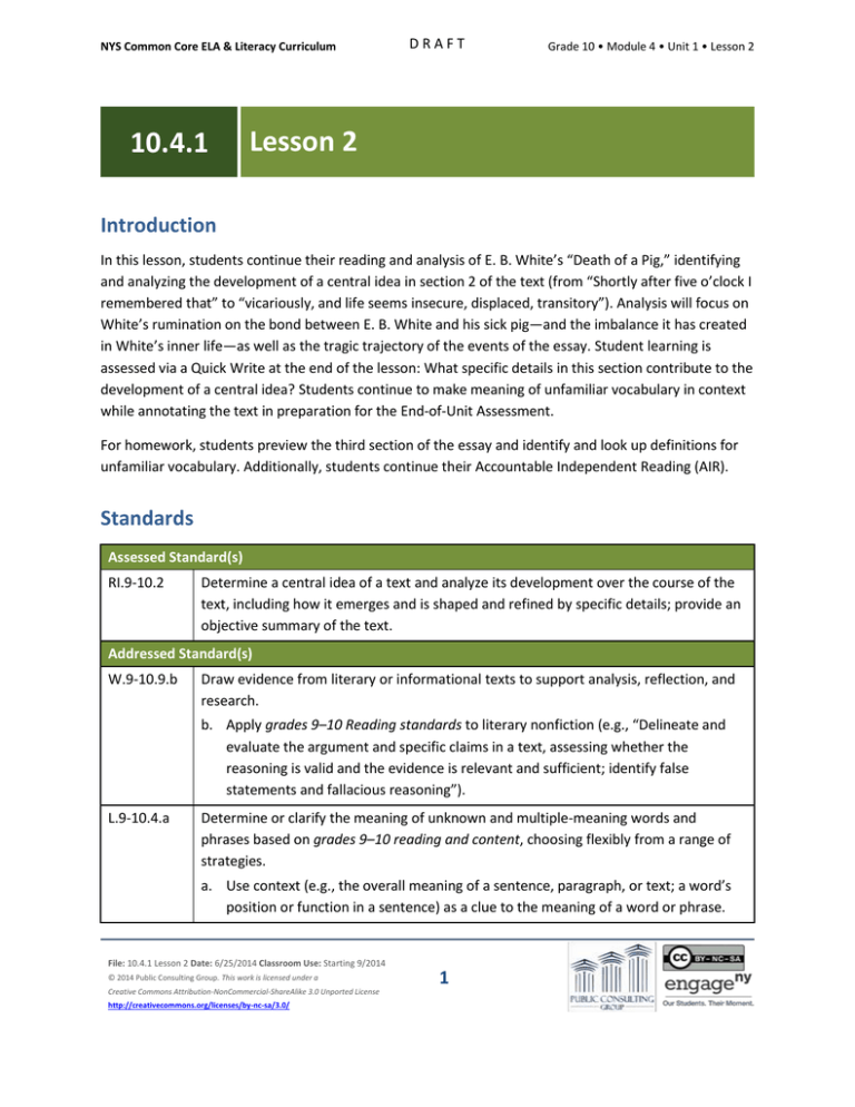 Grade 10 ELA Module 4 Unit 1 Lesson 2
